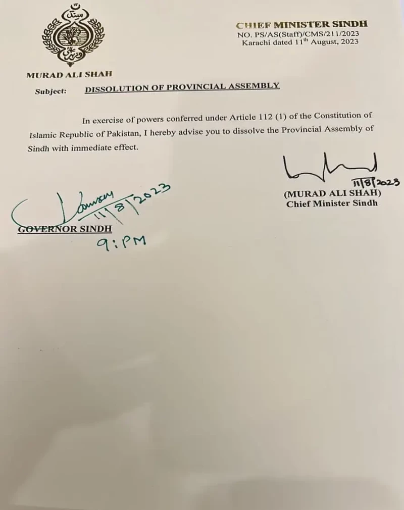 Sindh Assembly stands dissolved after Governor signs the summary ...